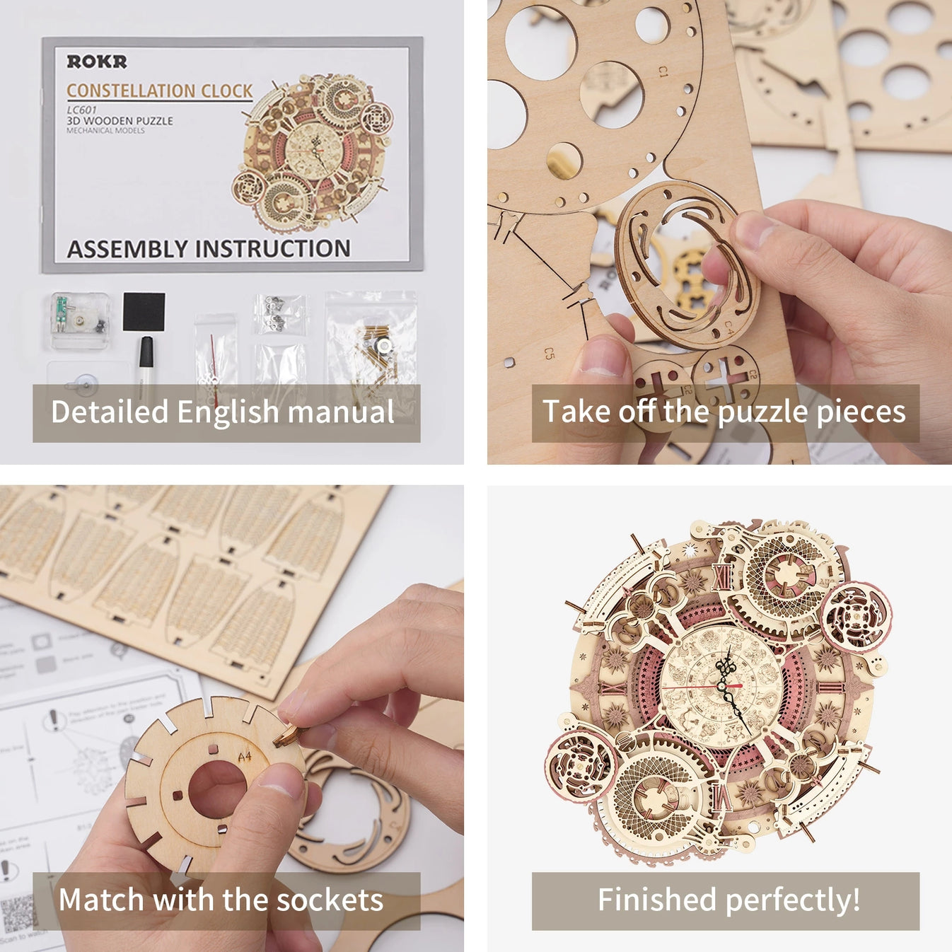 Robotime ROKR Zodiac Wall Clock 3D Wooden Puzzle Model Assembly Toys G ...